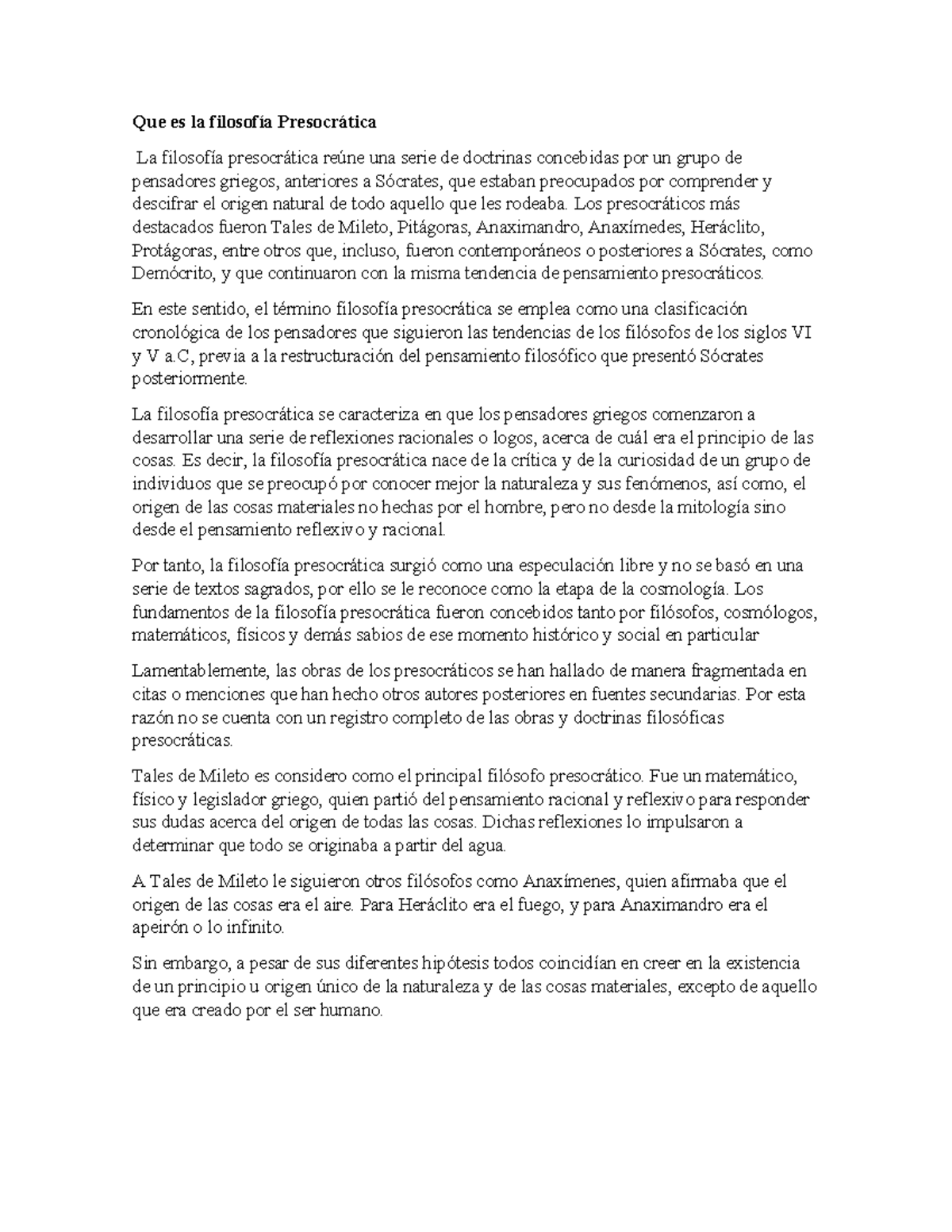 Final Exam: Filosofía Presocrática y sus Principales Pensadores - Studocu