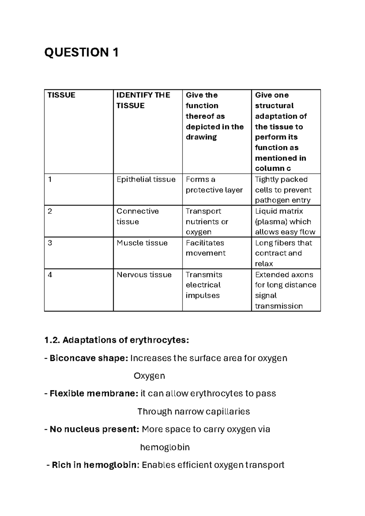 Document 1 life 122 - QUESTION 1 TISSUE IDENTIFY THE TISSUE Give the ...