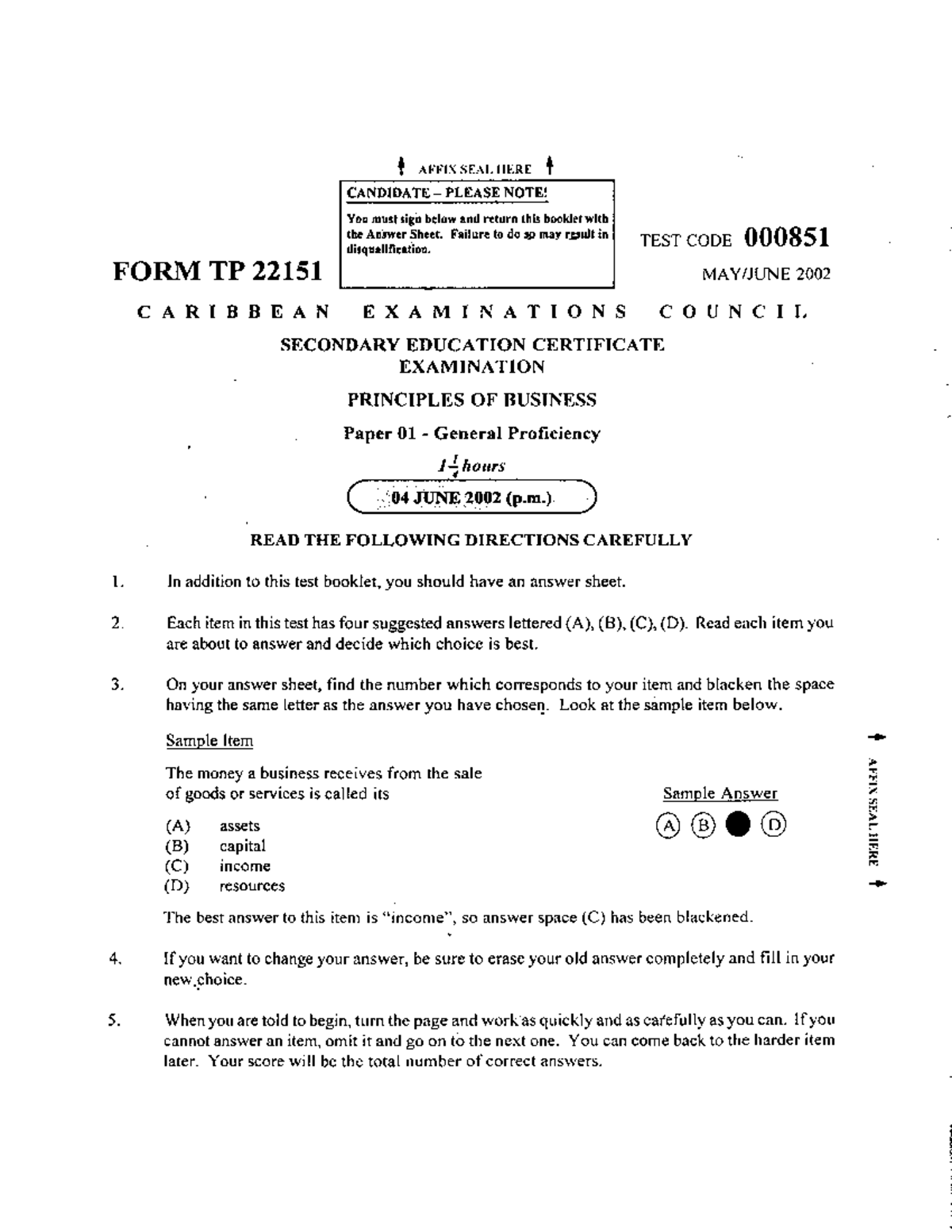 CSEC POB June 2002 Paper 01 - Exam Instructions and Guidelines - Studocu