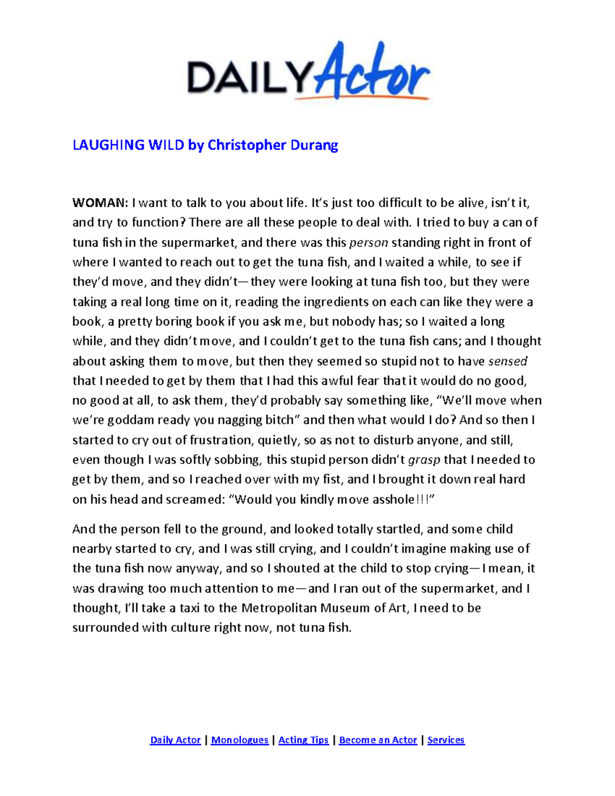 Laughing Wild Monologue - Acting Tips & Analysis - Studocu