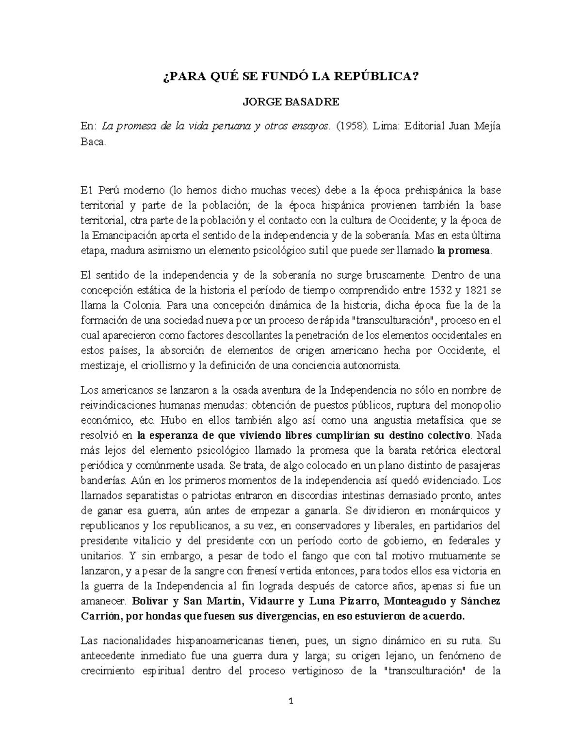 La Promesa de la Vida Peruana: Reflexiones de Jorge Basadre - Studocu