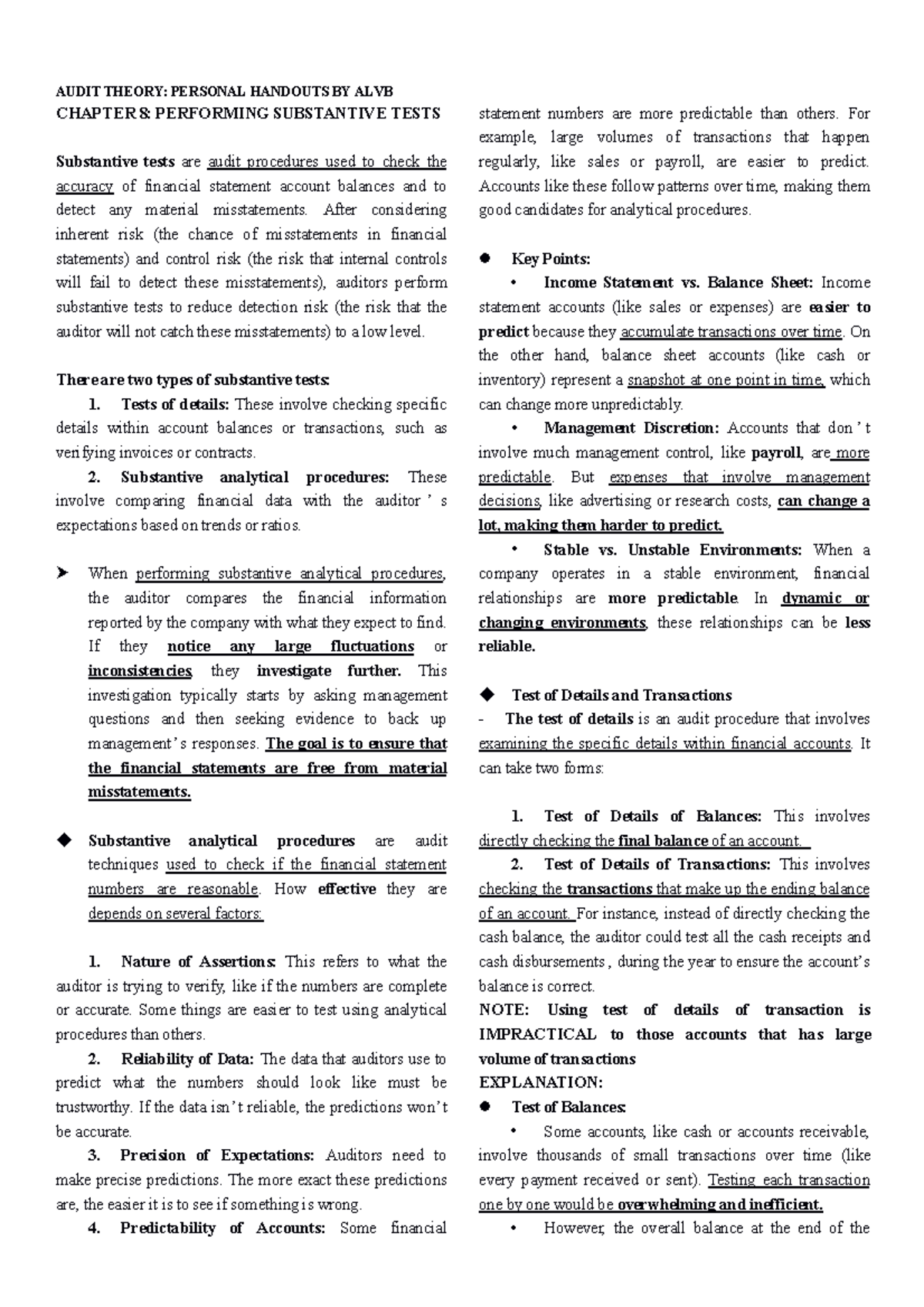 Audit Theory Chapter 8: Substantive Tests Notes - Studocu