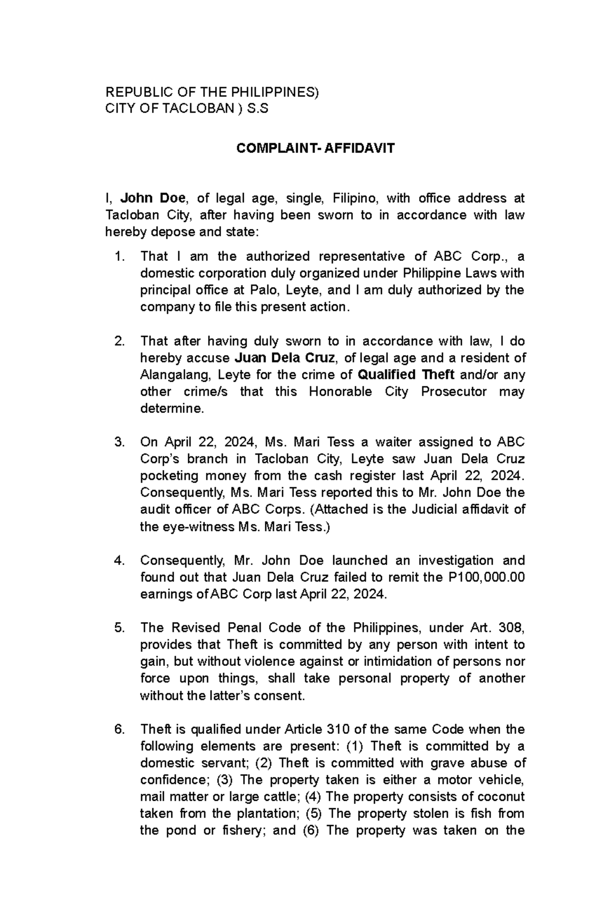 Complaint Affidavit for Qualified Theft by John Doe - ABC Corp. - Studocu