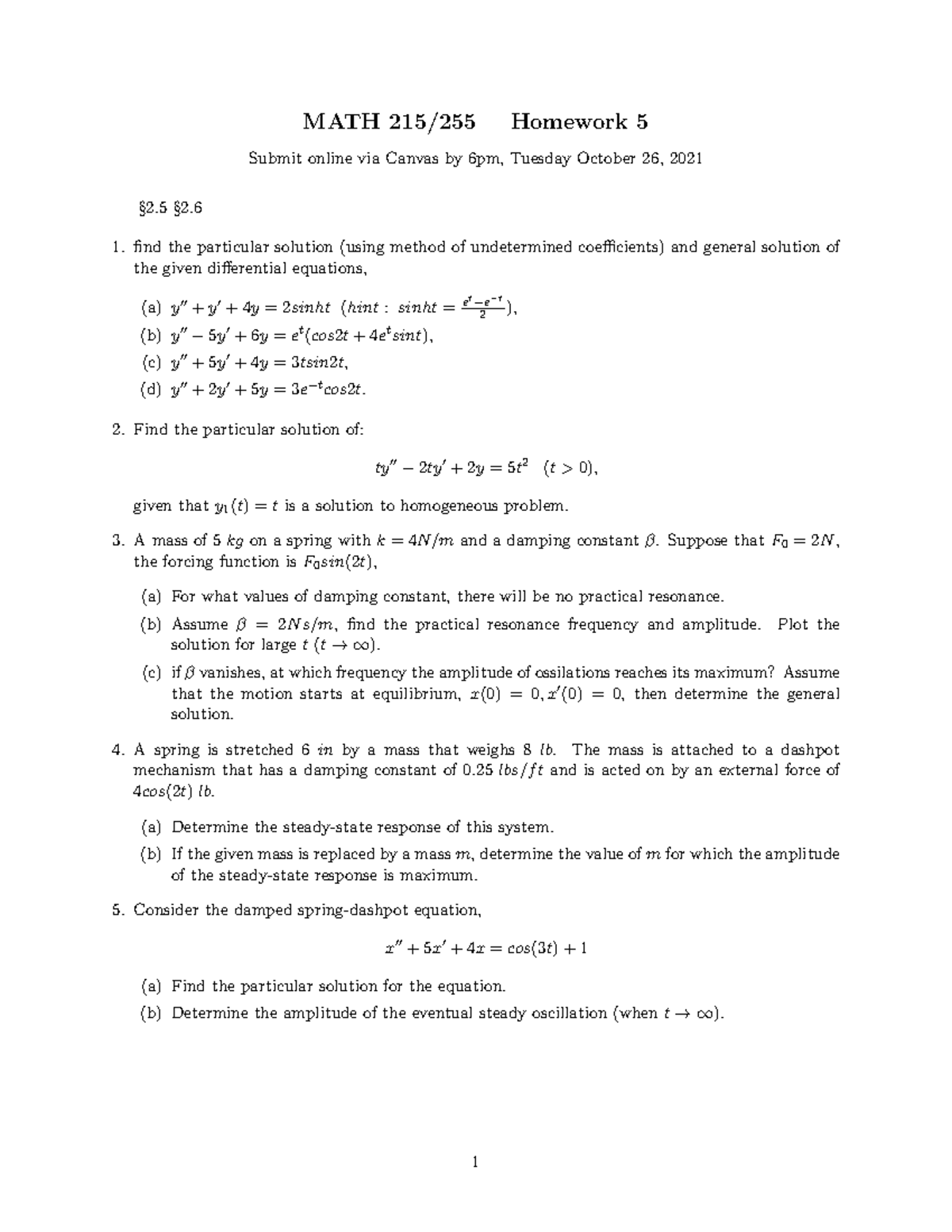 MATH 215/255 Homework 5: Differential Equations Solutions - Studocu