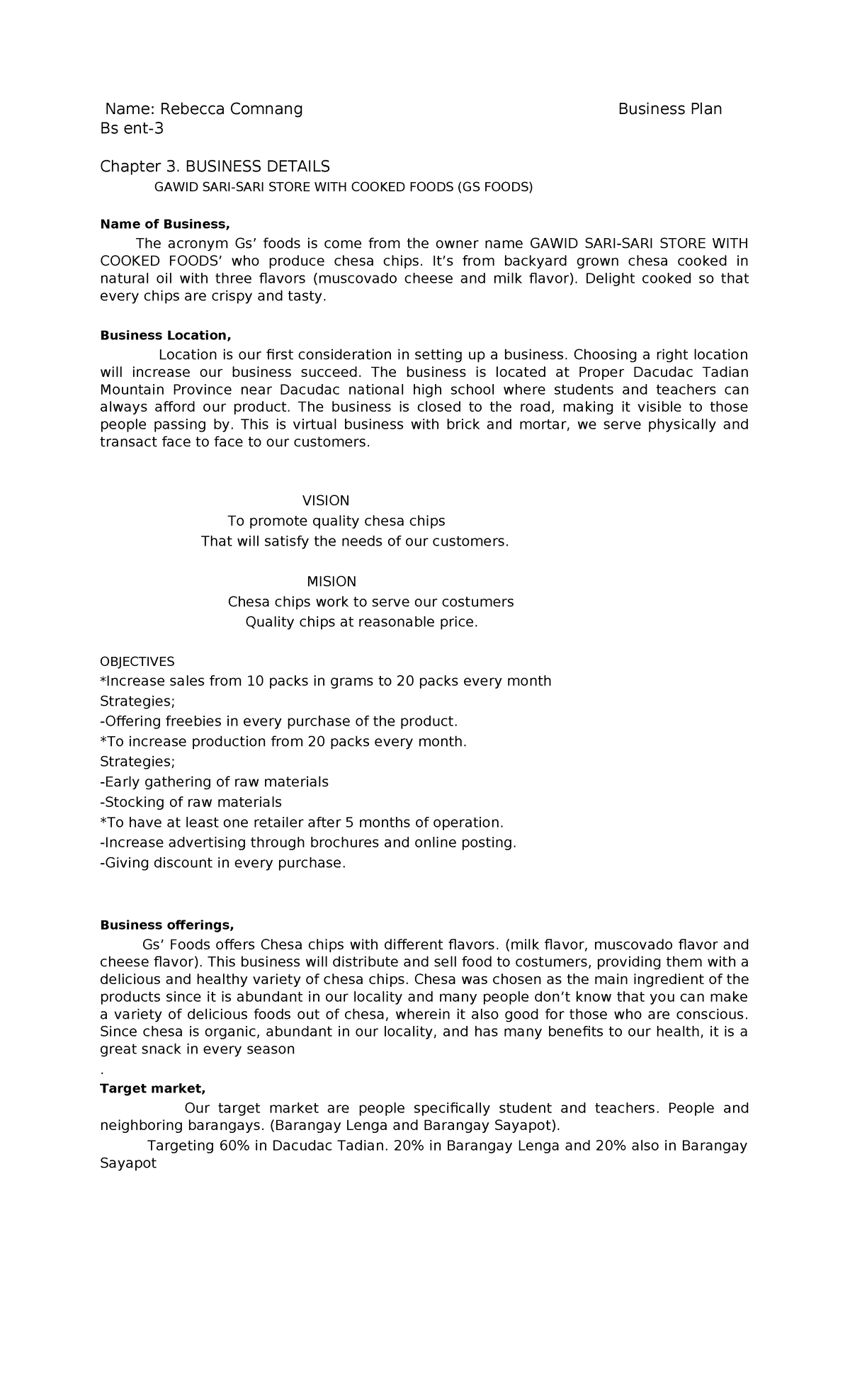 Bs Entrep: Business Plan for Gawid Sari-Sari Store Chesa Chips - Studocu