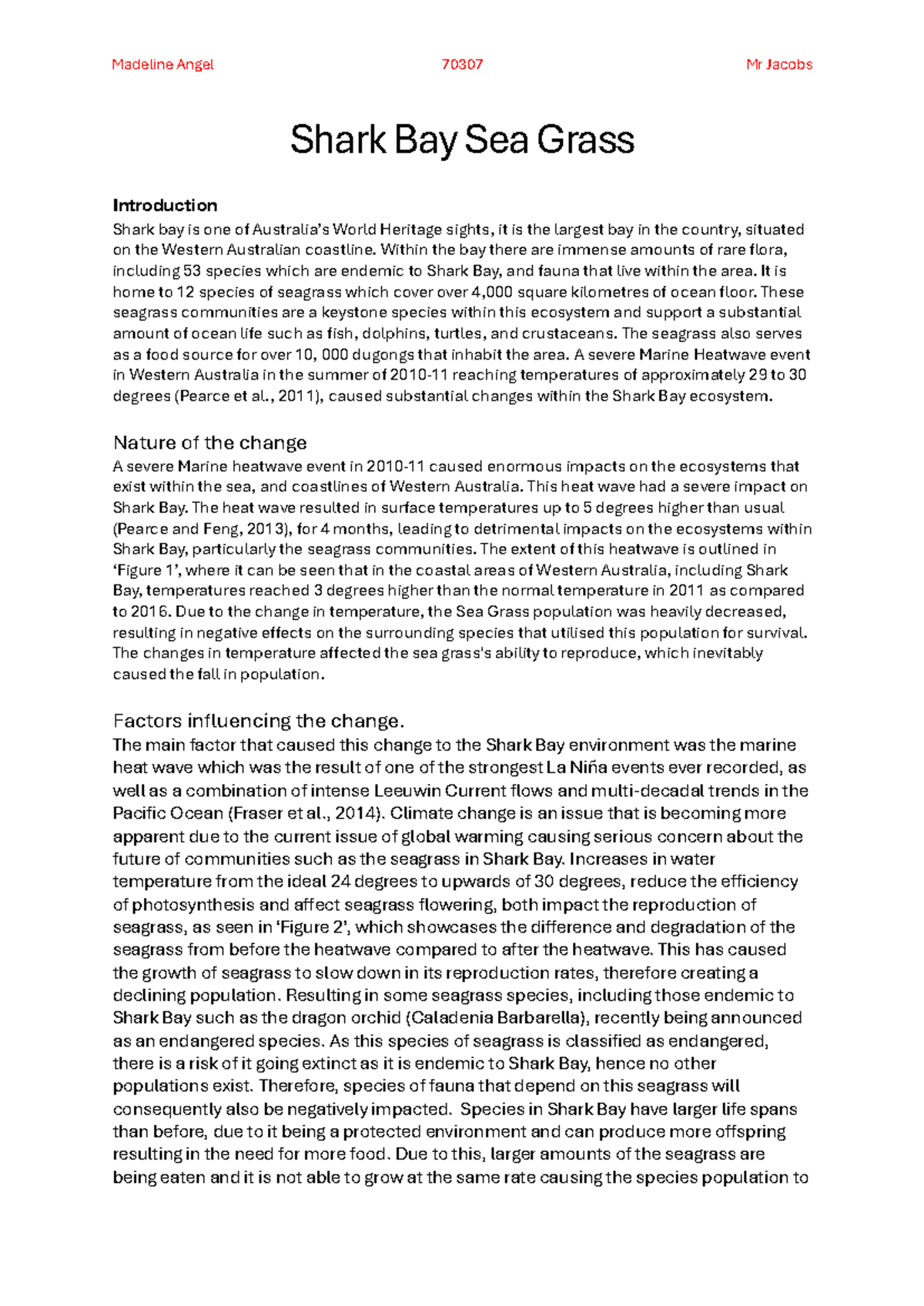 Biology Depth Study: Impact of Marine Heatwave on Shark Bay Seagrass ...