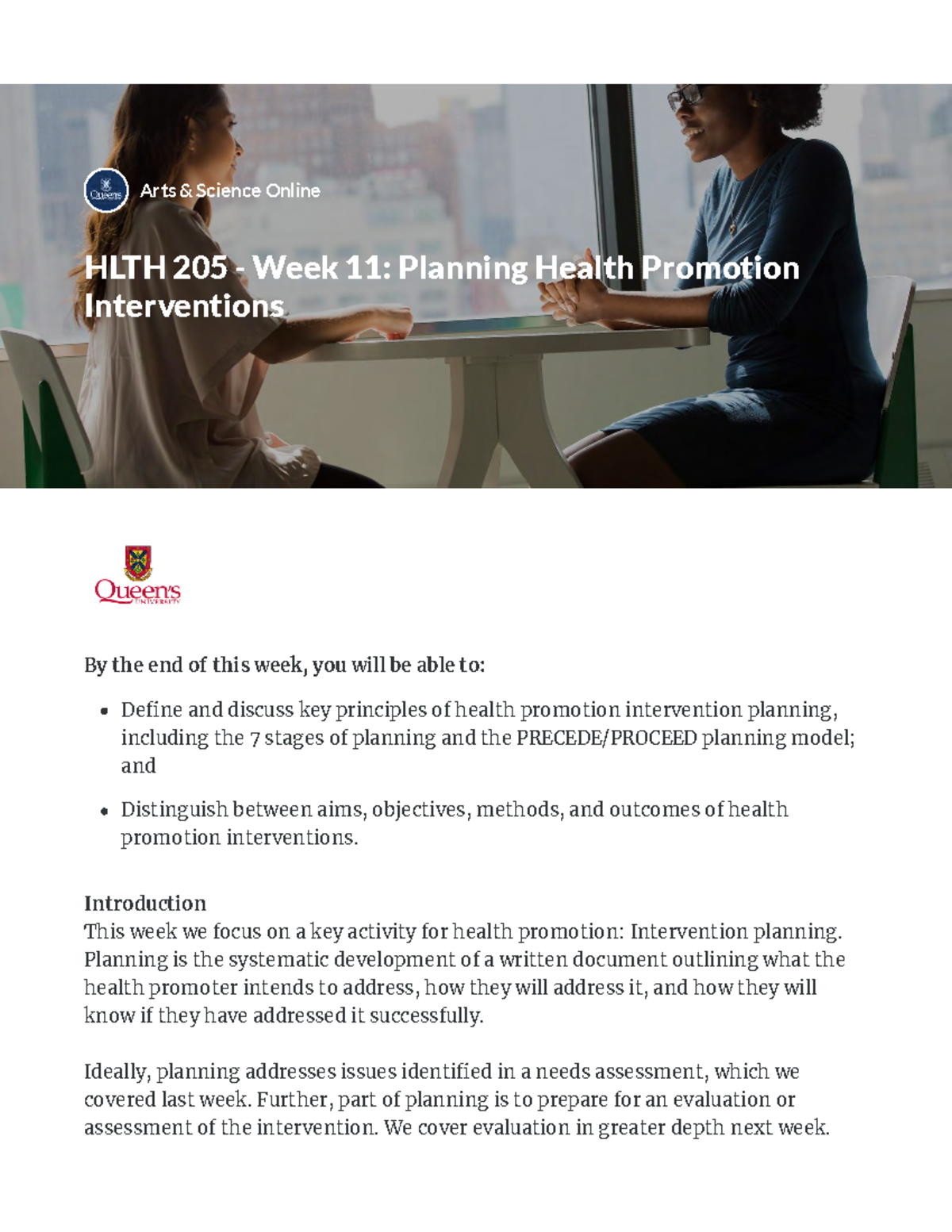 HLTH 205 - Week 11: Planning Health Promotion Interventions - Studocu