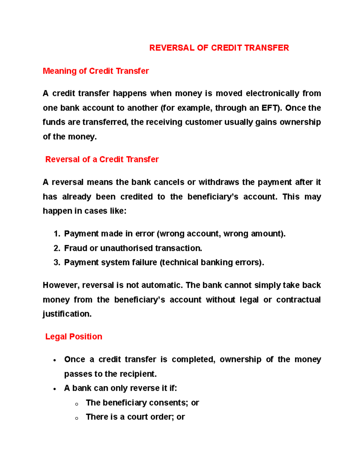 LBP 101: Reversal of Credit Transfer and Legal Implications - Studocu
