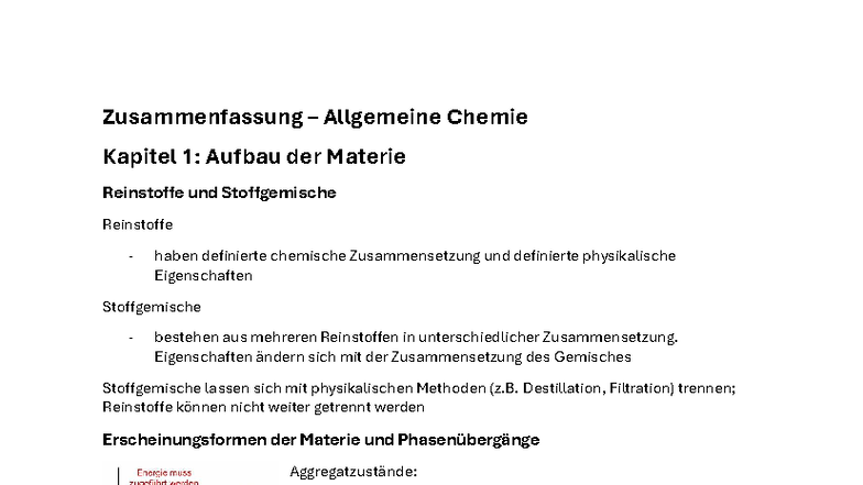 Zusammenfassung Allgemeine Chemie Kapitel 1: Materie und Reinstoffe ...
