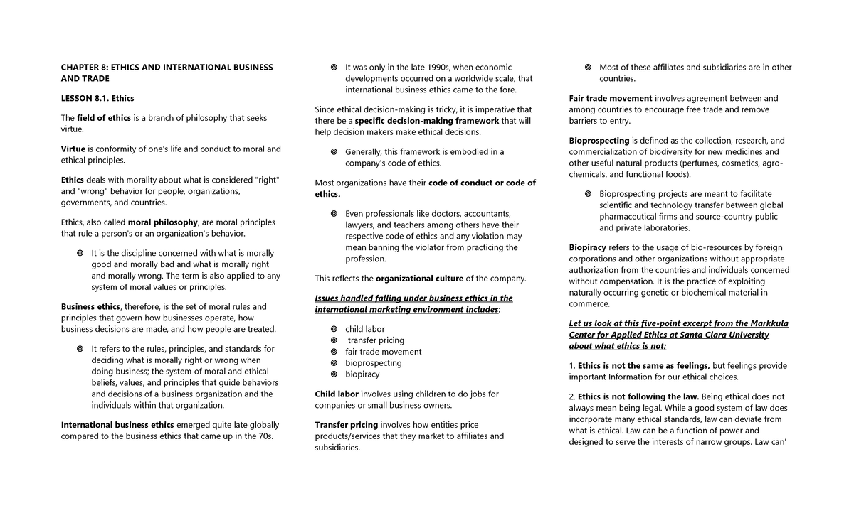 Chapter 8: Ethics in International Trade and Business Practices - Studocu