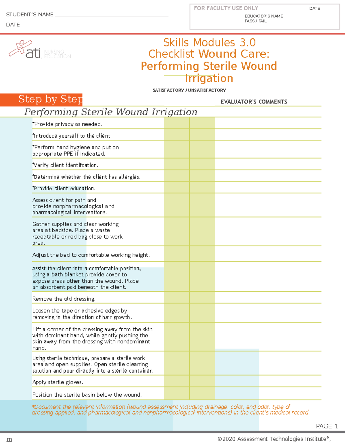 Skills Checklist Wound Care Sterile - PAGE 1 ©2020 Assessment ...