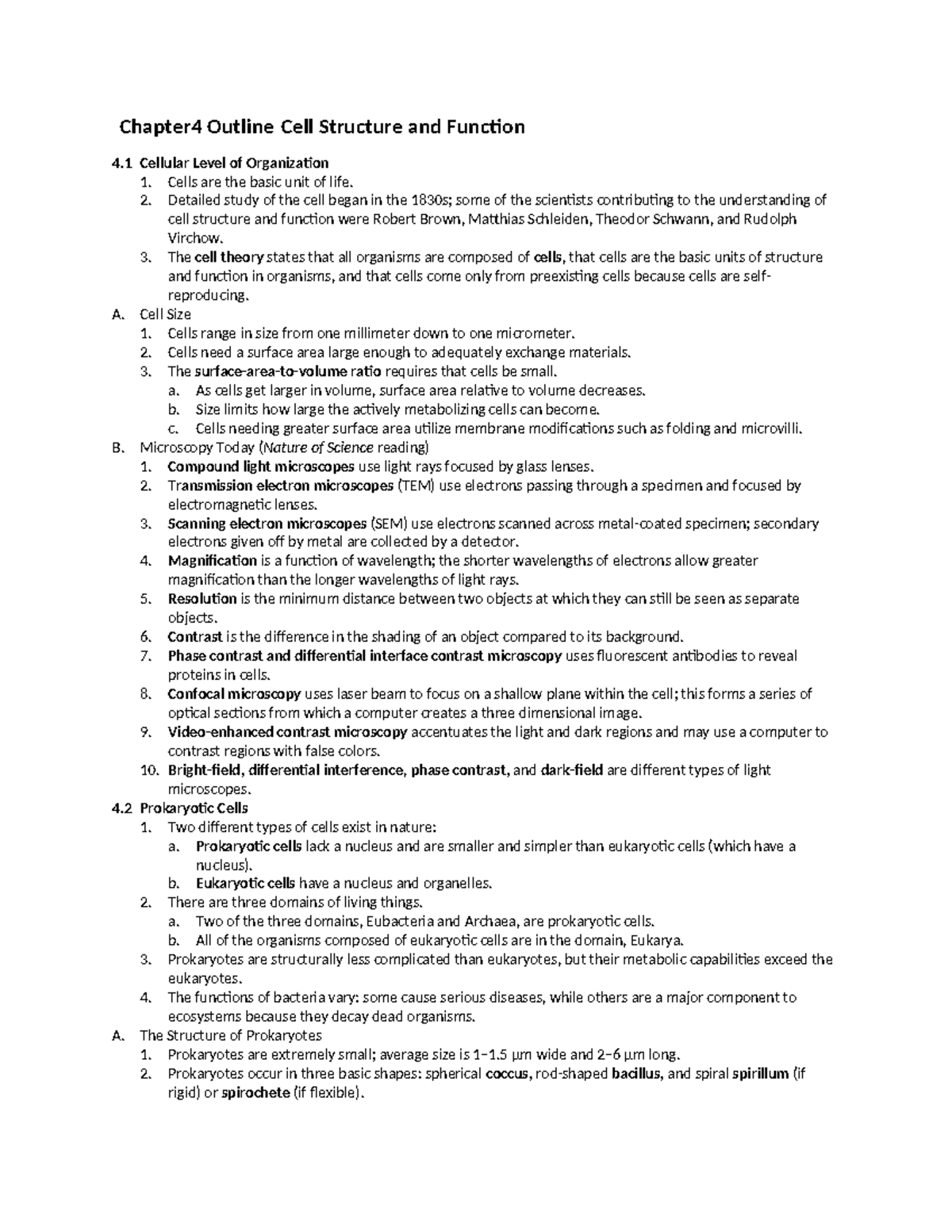 BIO 101 Chapter 4: Outline of Cell Structure and Function - Studocu