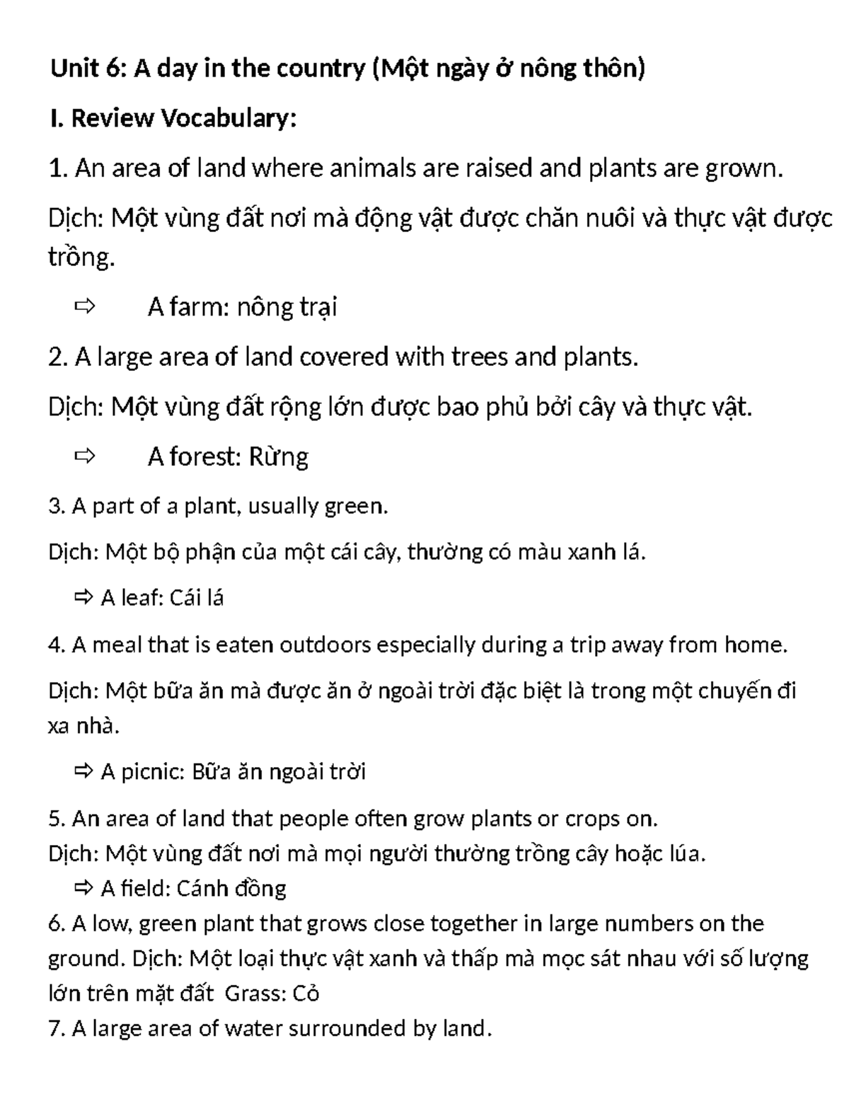 Unit 6: A Day in the Country - Vocabulary Review - Studocu