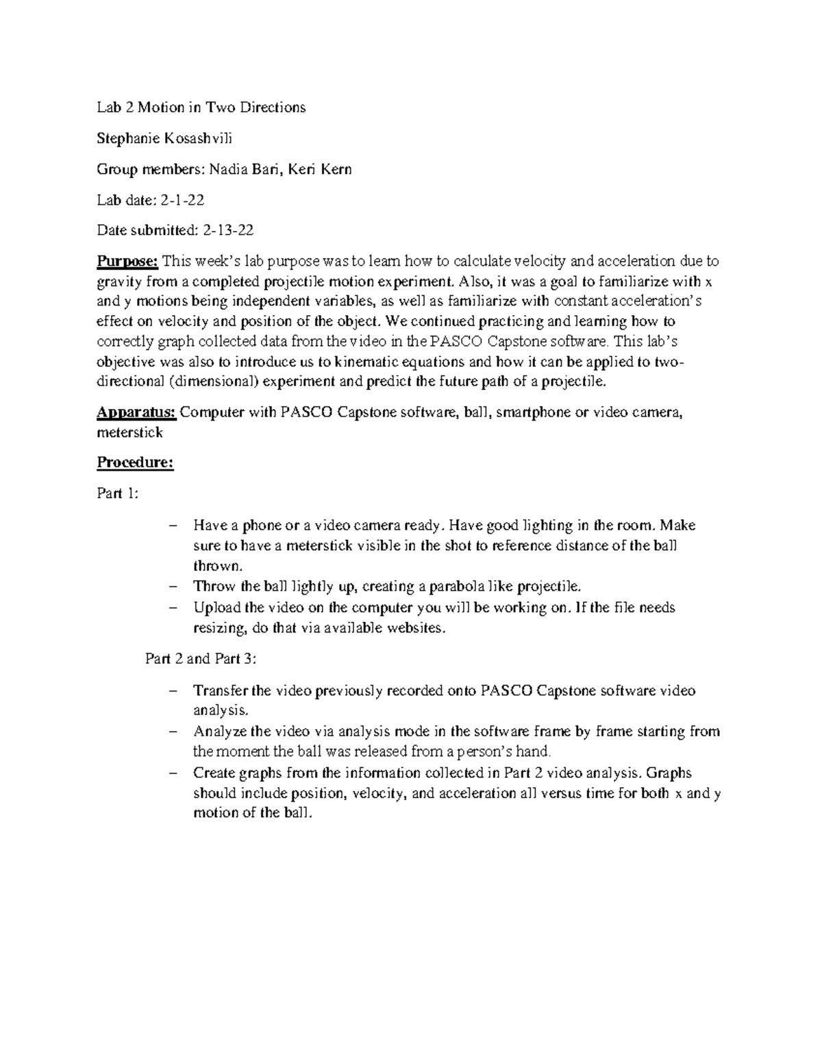 Lab 2 - Motion in Two Dimensions - Lab 2 Motion in Two Directions ...