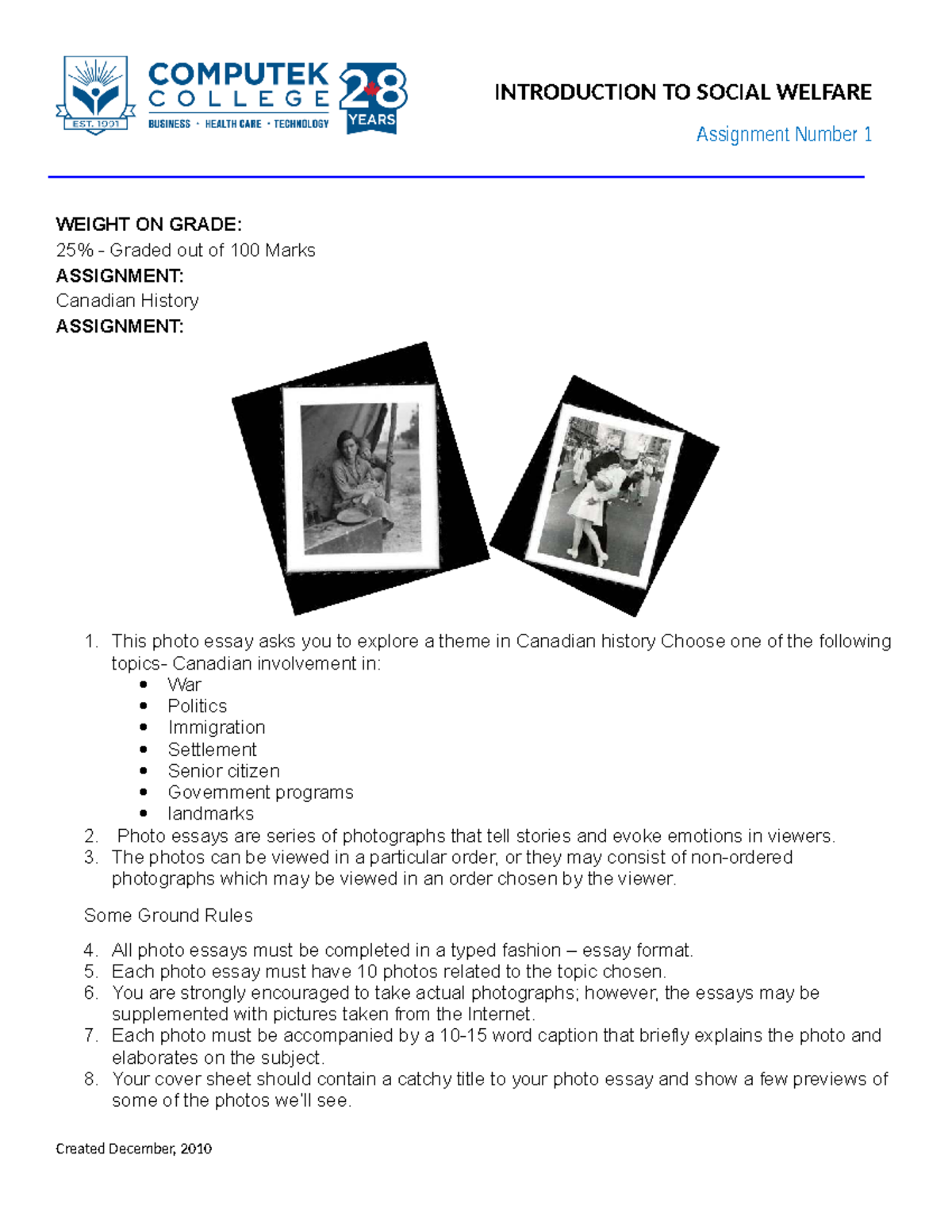 SOCW 101: Photo Essay Assignment on Canadian History - Studocu