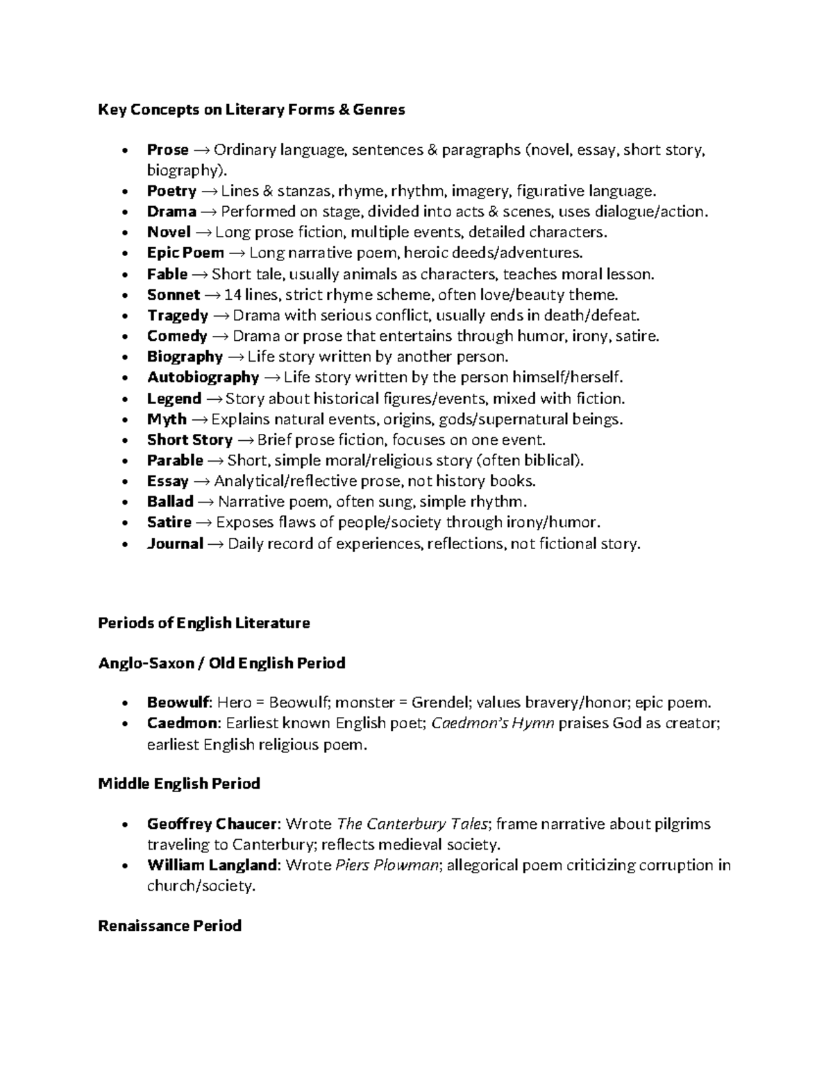 Key Concepts in Literary Forms and Genres for Eng Lit 215 - Studocu