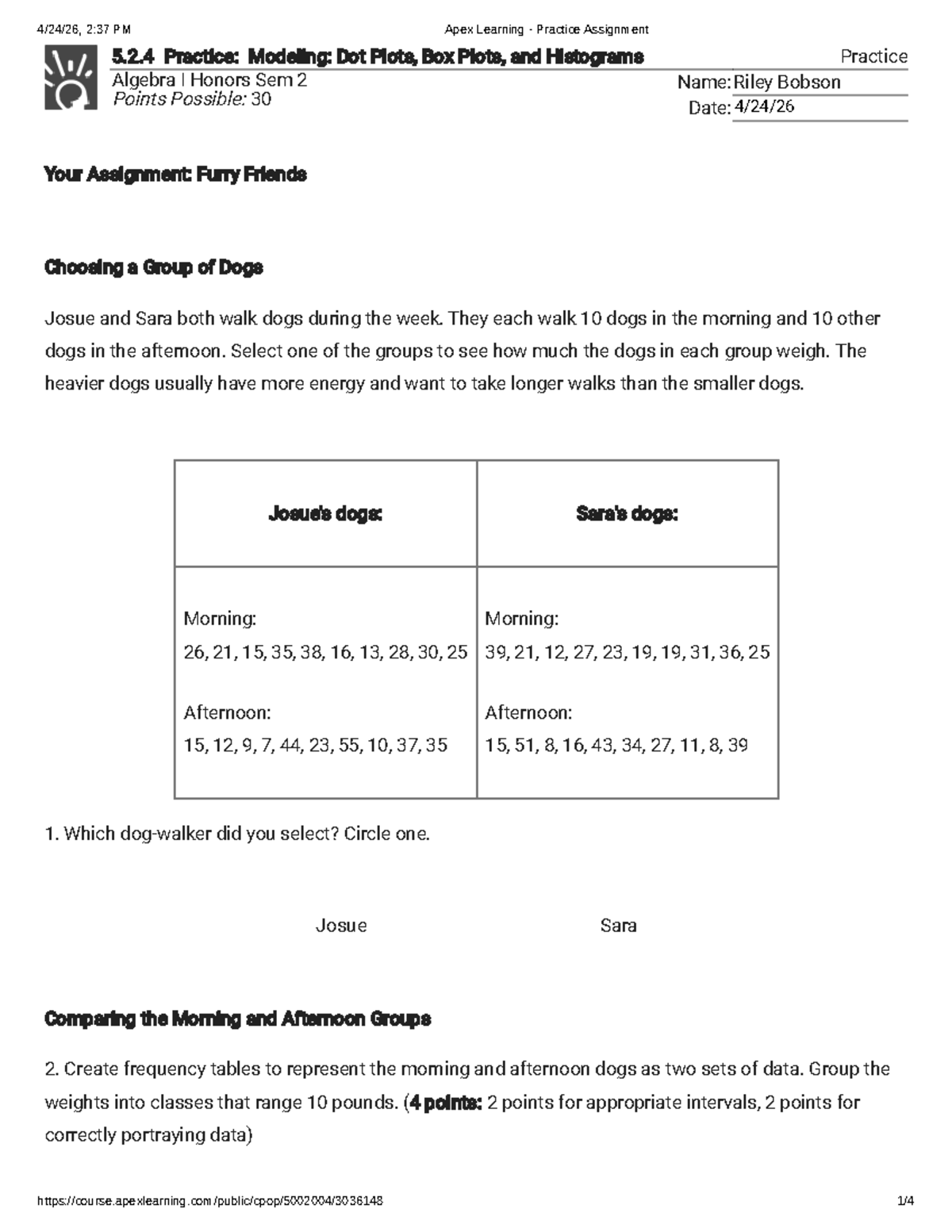 Apex Learning Algebra I Honors Sem 2 - Practice Assignment 5.2.4 - Studocu