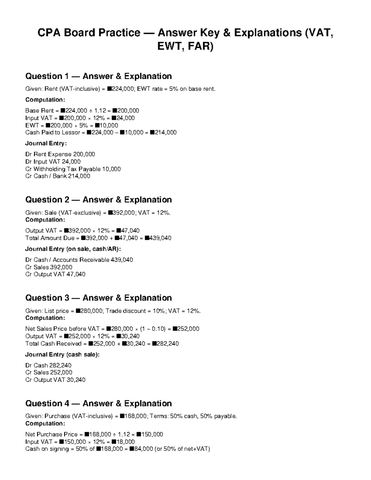 CPA Board Practice Answer Key: VAT & EWT Explanations - Studocu