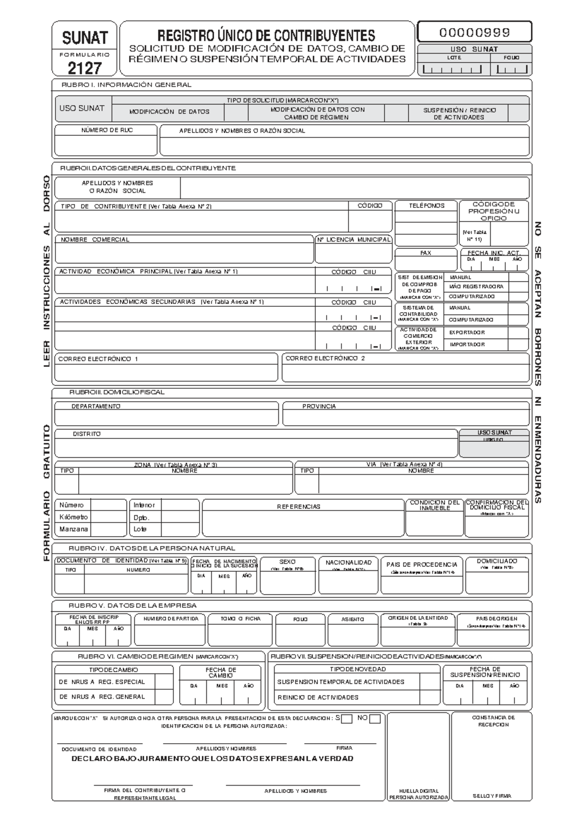 Solicitud de Modificación de Datos - Formulario 2127 SUNAT - Studocu