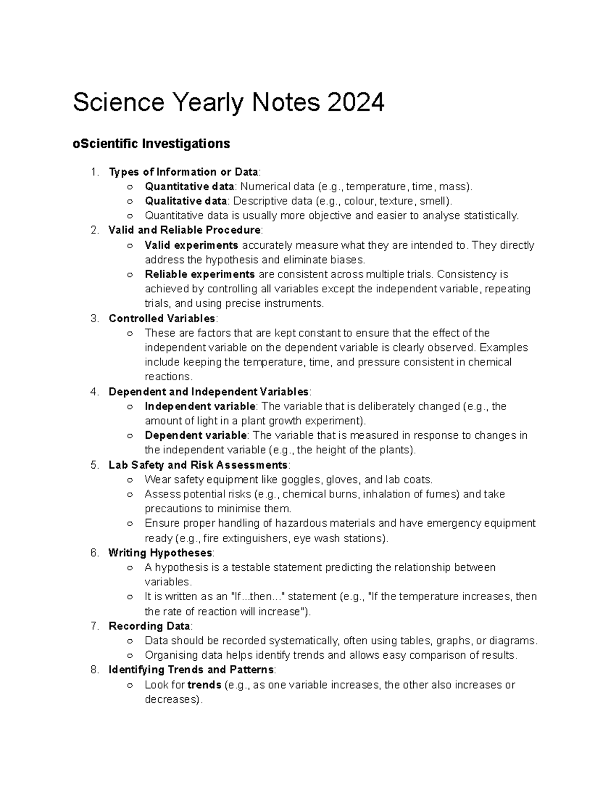 Science Yearly Notes 2024: Key Concepts in Scientific Investigations ...