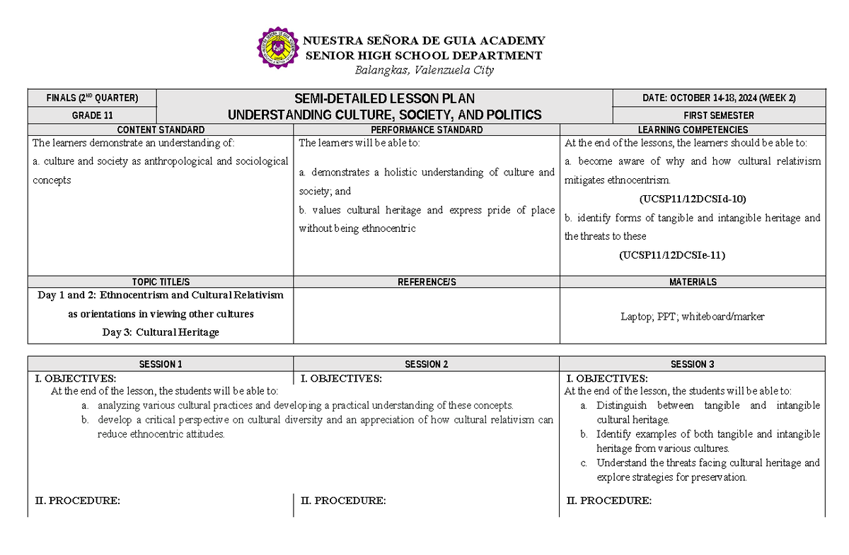 SEMI-DETAILED LESSON PLAN ON UCSP (GRADE 11) - FINALS 2ND QUARTER - Studocu