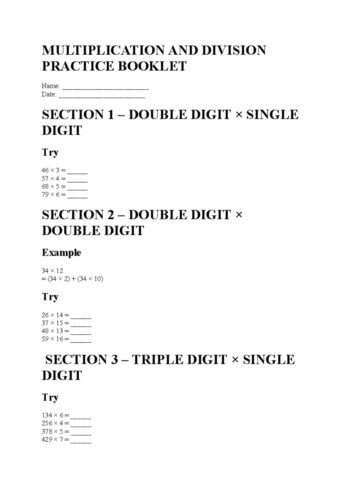 MULTIPLICATION AND DIVISION PRACTICE BOOKLET (ADVANCED) - Studocu