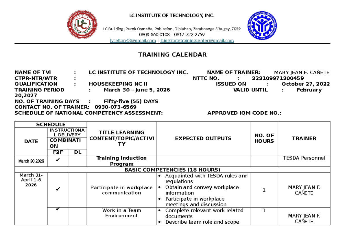 HSK Training Calendar 2026-2027 at LC Institute of Technology - Studocu