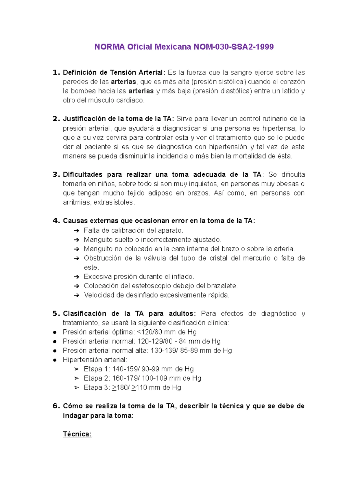 Toma de la Tensión Arterial - Norma Oficial Mexicana NOM-030-SSA2-1999 - NORMA Oficial Mexicana ...