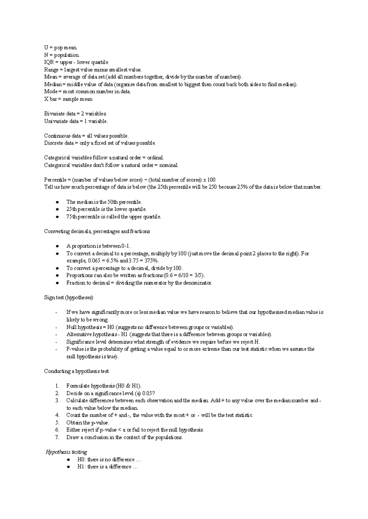 Stats 193 exam prep - Summary Statistics in Practice - U = pop mean. N ...
