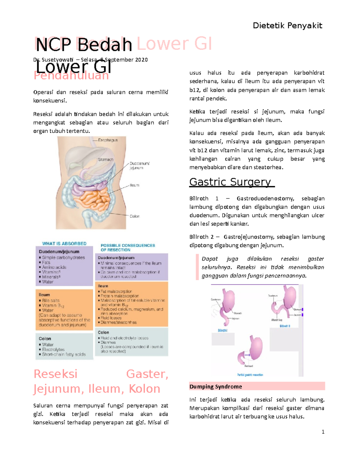 NCP Bedah Lower GI: Resección, Diet, dan Komplikasi Pasca Operasi - Studocu