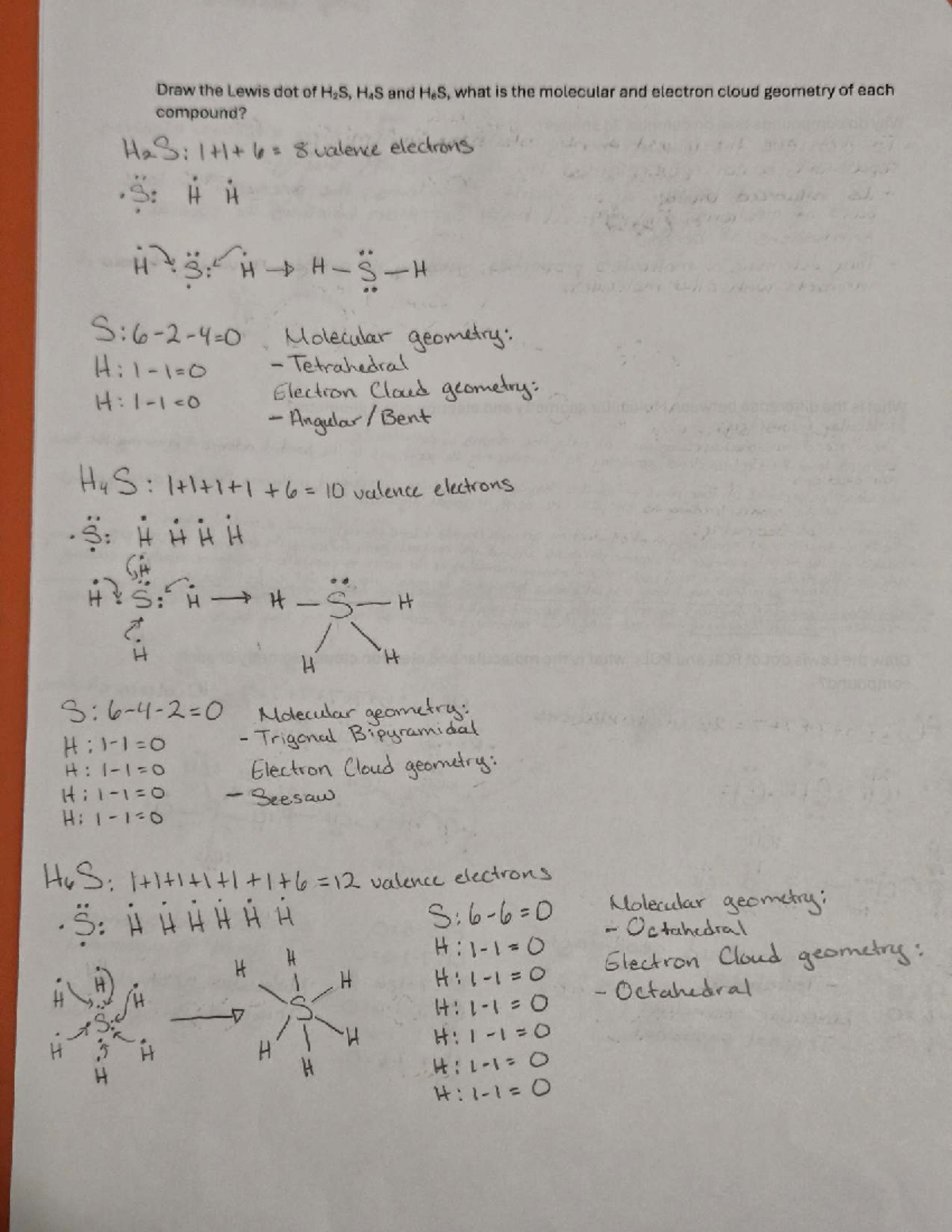 Lewis Dot Structures and Geometry Analysis for H2S, H4S, H6S - 20250929 ...