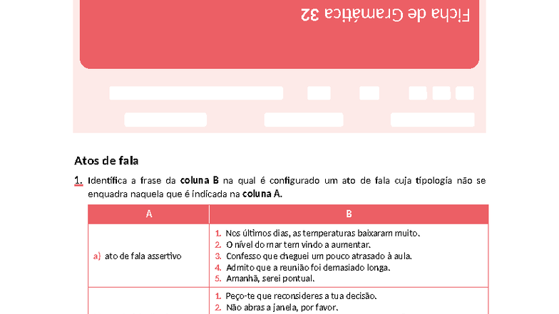 Gramática 32 - Atos de Fala: Ficha de Trabalho e Avaliação - Studocu