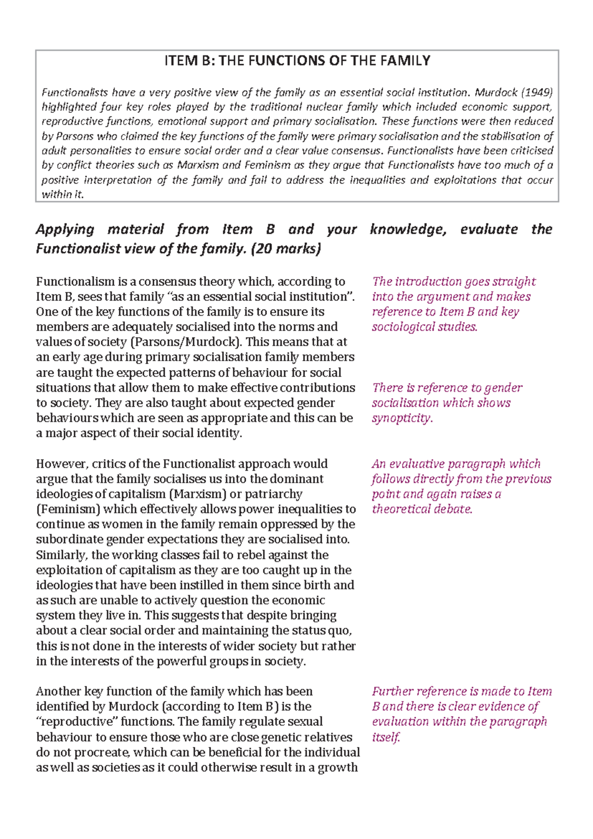 Evaluating the Functionalist Perspective on Family: AQA Sociology 20 ...