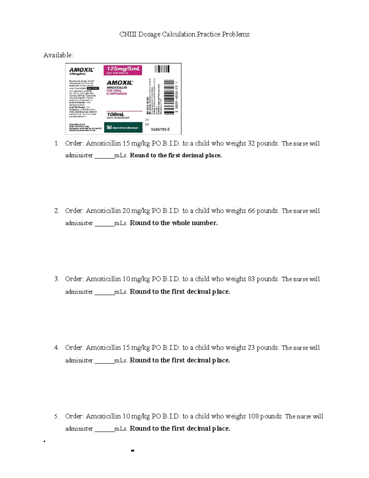 Dosage Calculation Practice Problems - Additional Remediation 50 - Studocu
