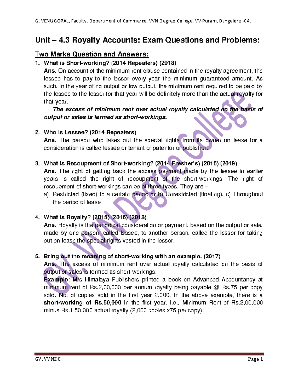 Unit 4.3 Royalty Accounts: Exam Questions & Problems for Commerce ...