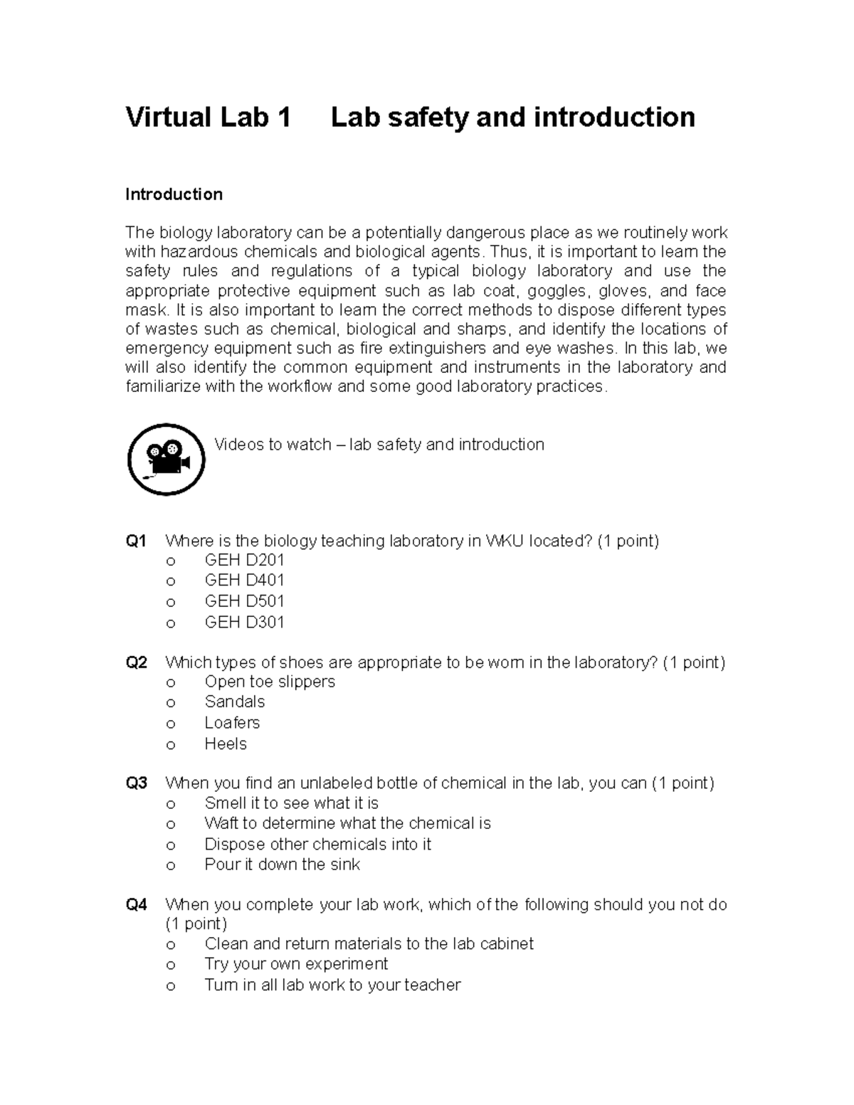 Virtual Lab 1: Worksheet on Lab Safety and Introductory Practices - Studocu