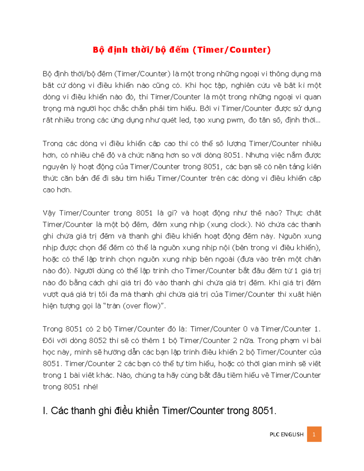 Bài học về Timer và Counter trong vi điều khiển 8051 - Studocu