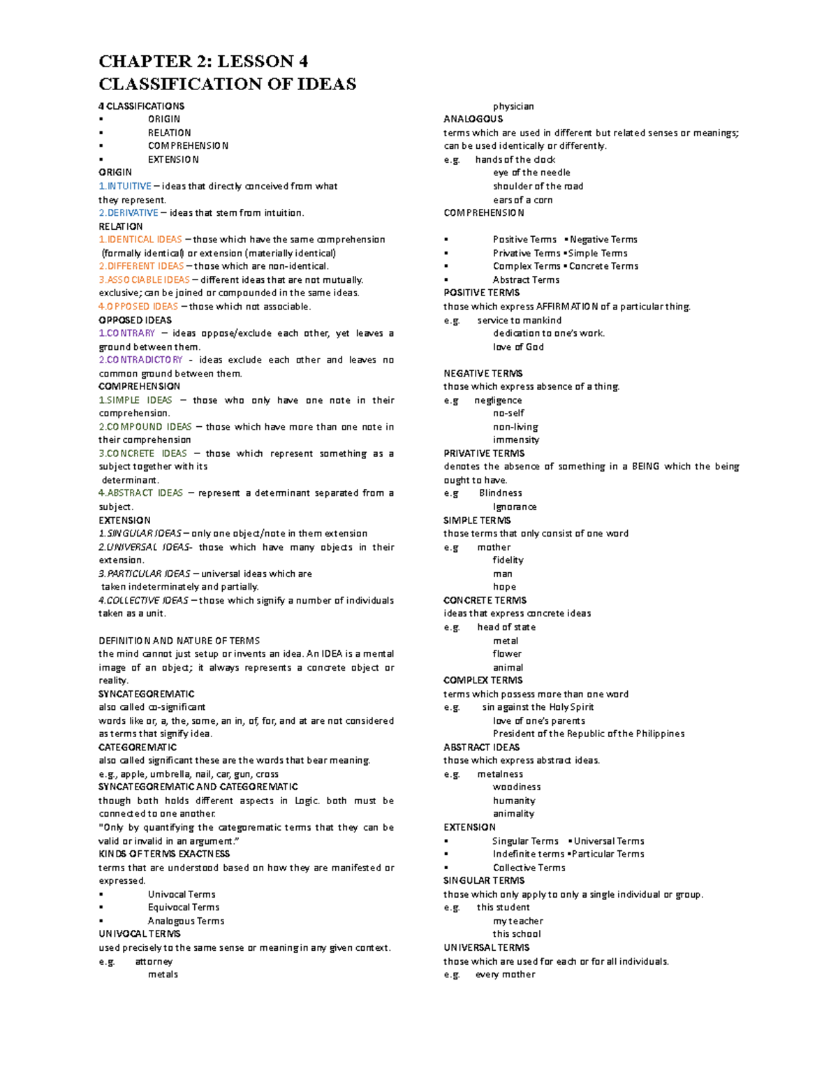 Logic (Midterms): Classifying Ideas and Their Relationships - Studocu