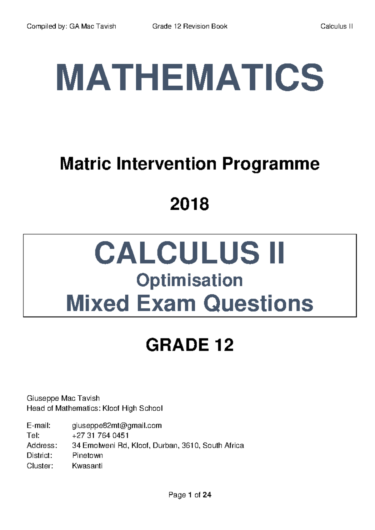 Calculus II Grade 12 Revision: Optimisation & Mixed Exam Questions ...