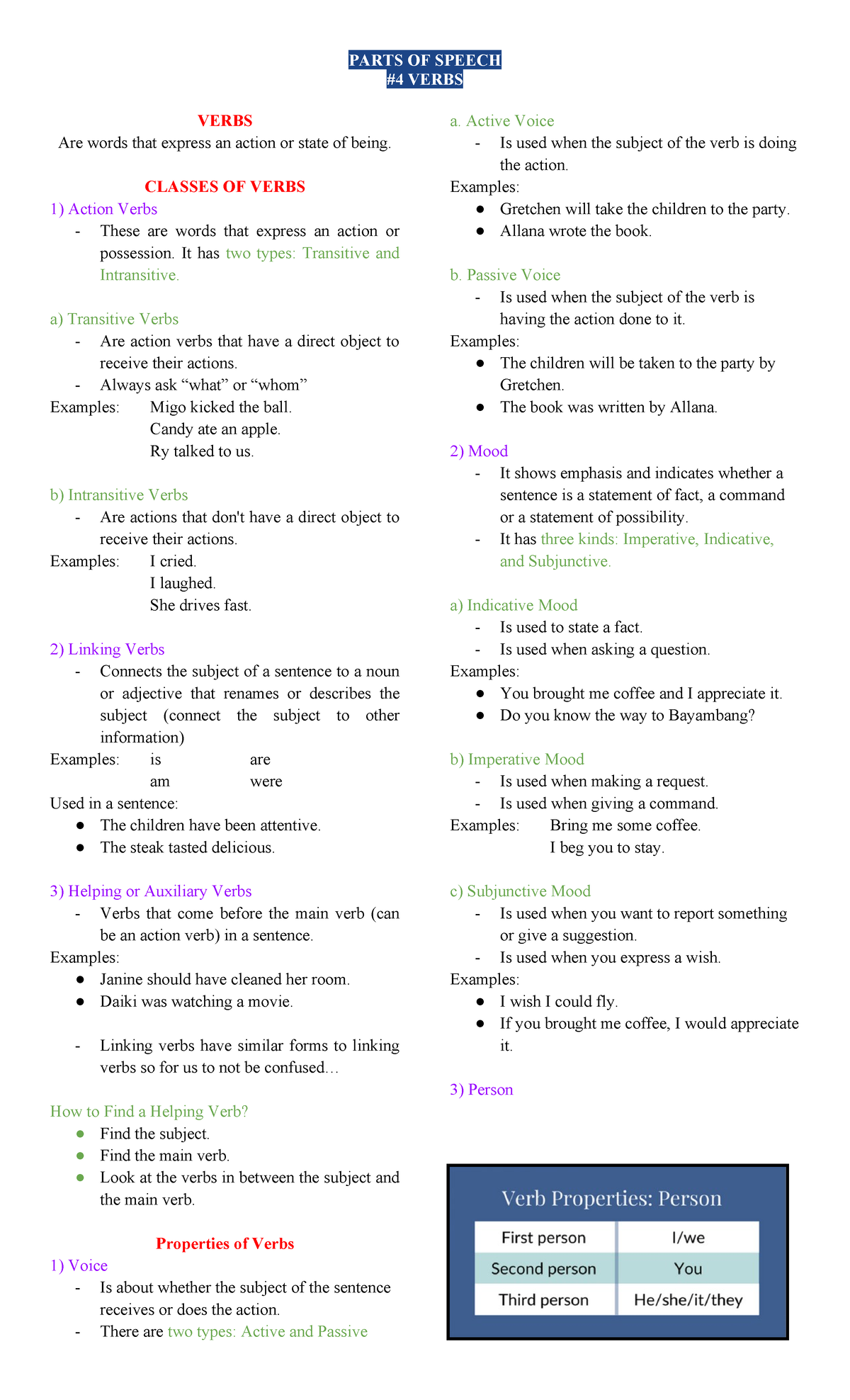 BSE EL: Parts of Speech - Verbs Overview and Usage Guide - Studocu