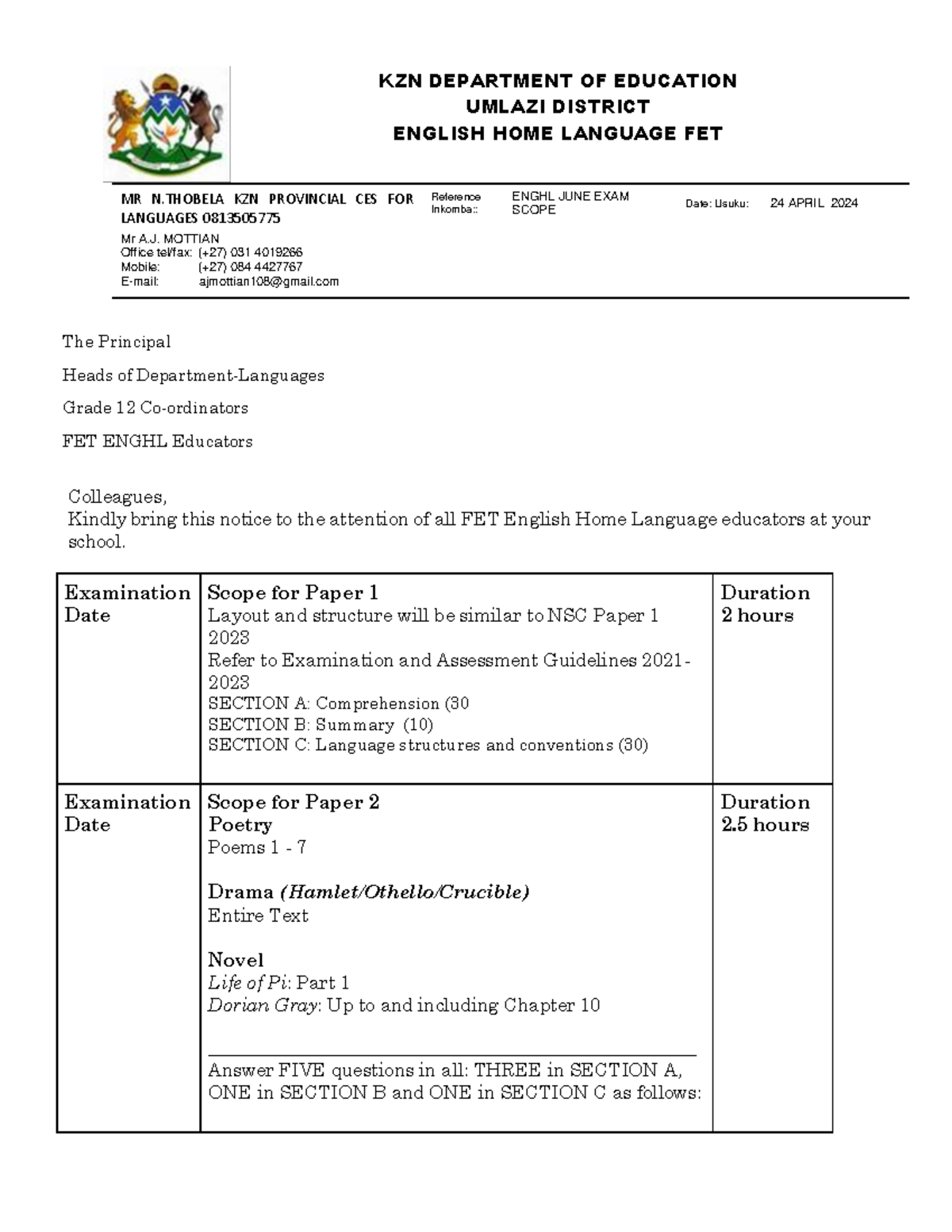 Final Grade 12 ENGHL Scope for June Common Test 2024 - Studocu