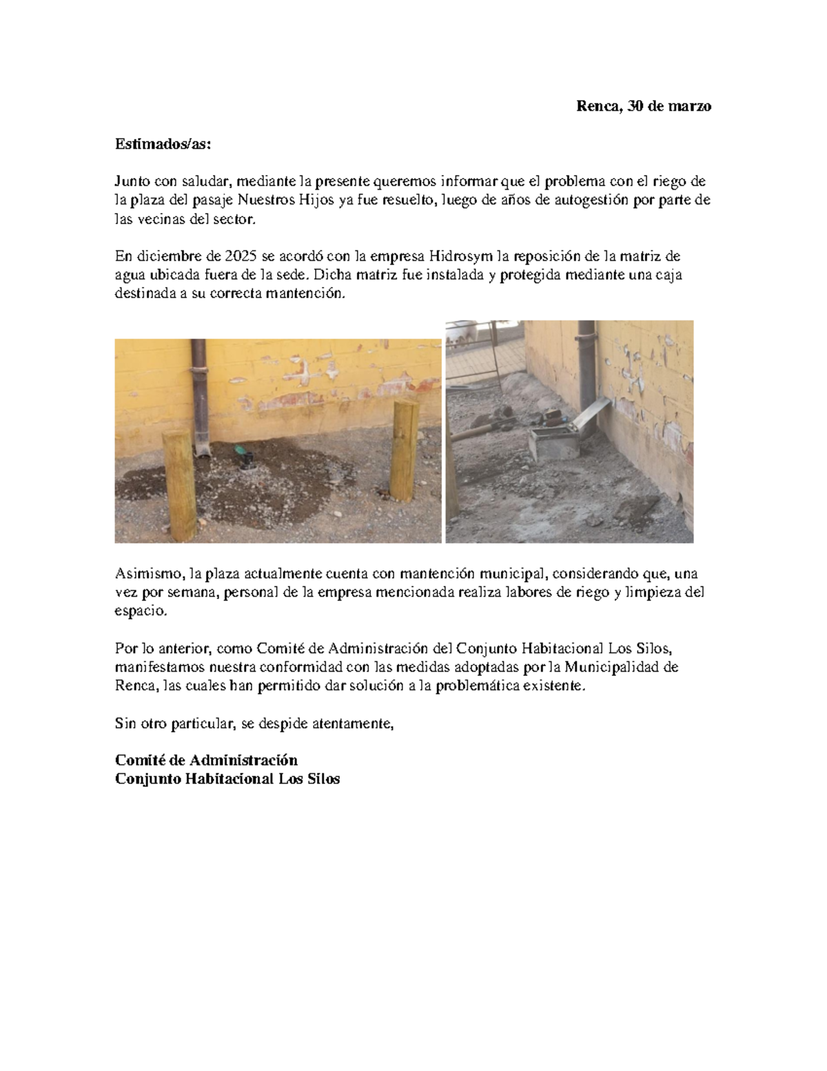 Carta de Confirmación: Reposición de Matriz de Agua - Los Silos - Studocu