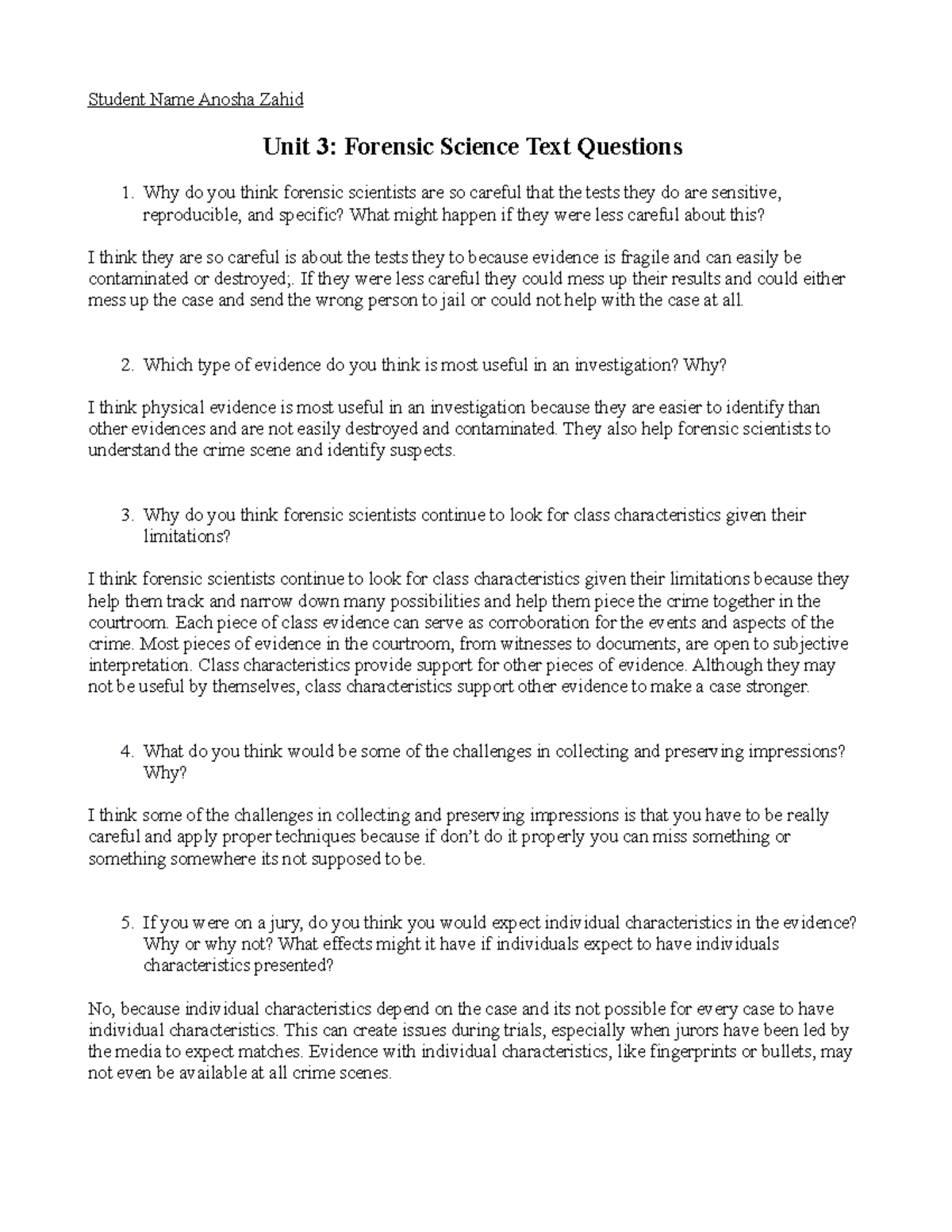 Unit 3 FS Text Questions: Understanding Forensic Science Evidence - Studocu