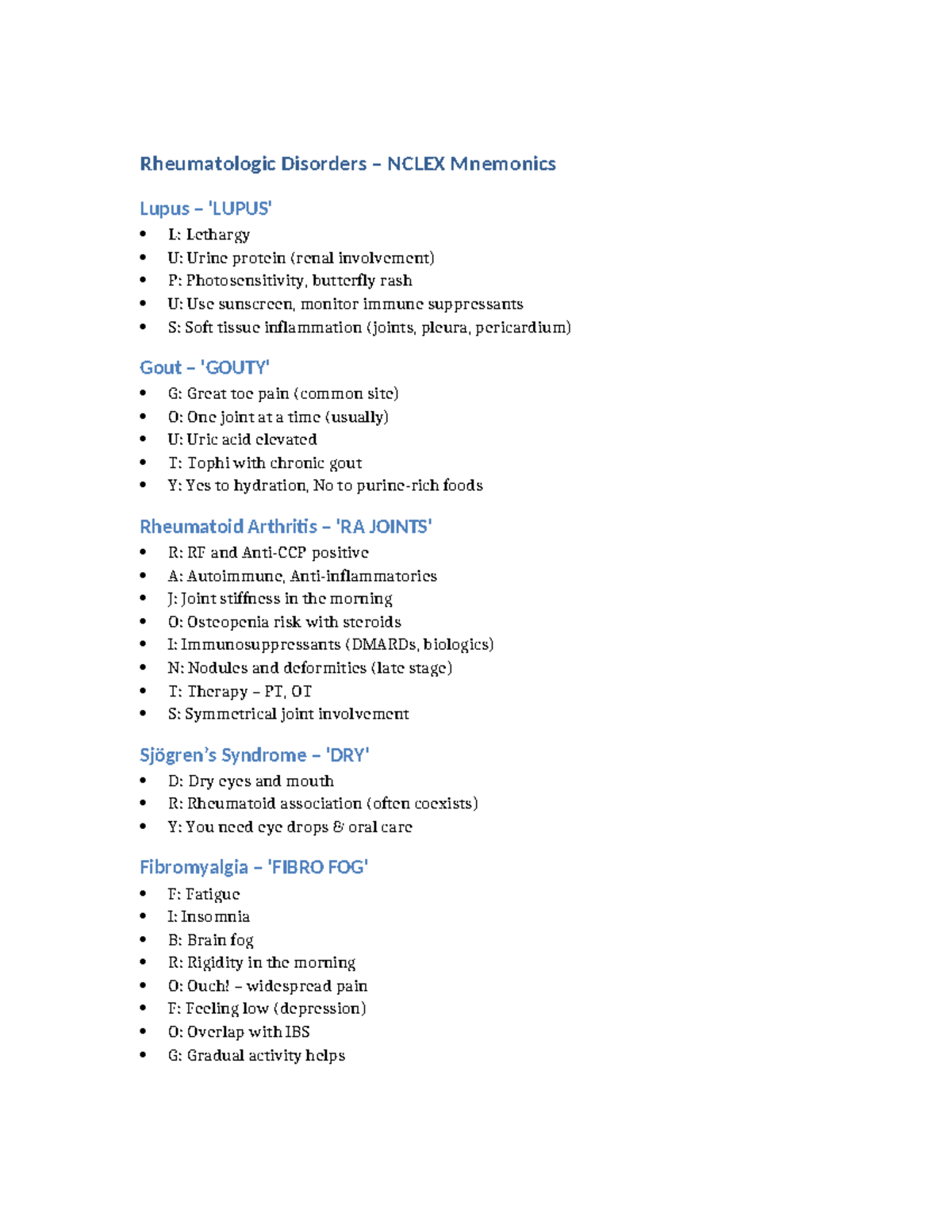 Rheumatologic Disorders Mnemonics - Rheumatologic Disorders – NCLEX ...