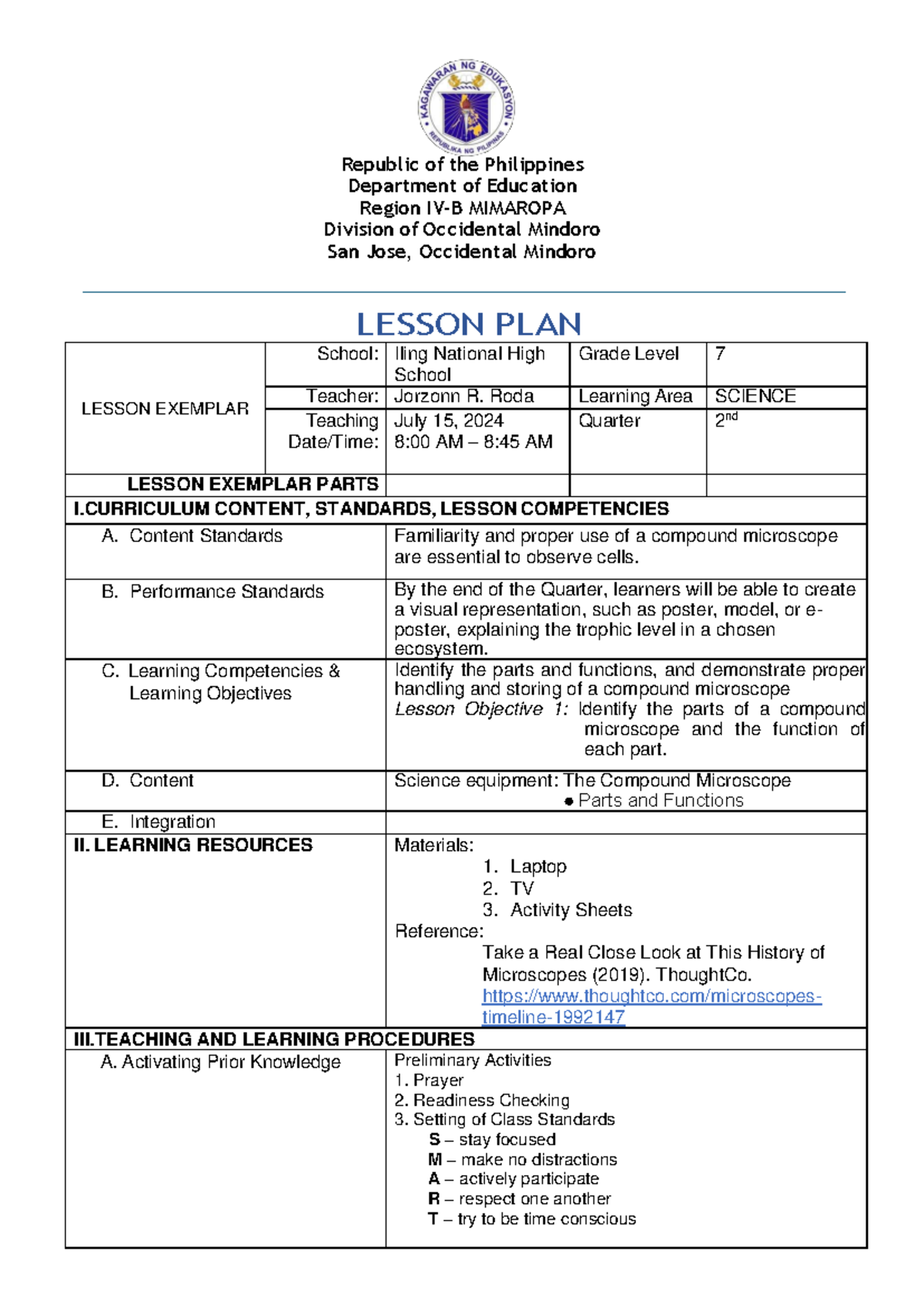 Science 7: Microscope Lesson Plan & Teaching Strategies - MATATAG - Studocu