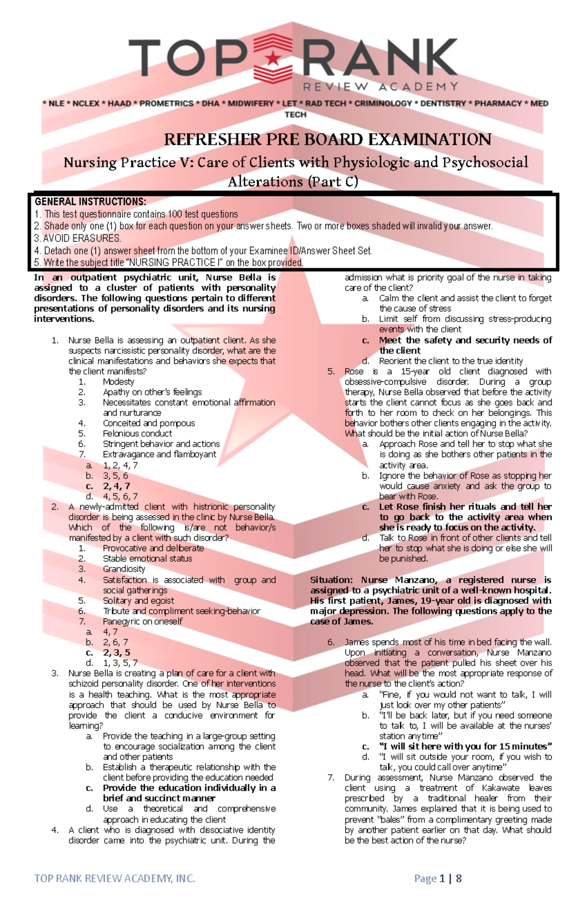 REFRESHER PRE BOARD EXAMINATION NP5 Nursing Practice V Answer KEY - Studocu