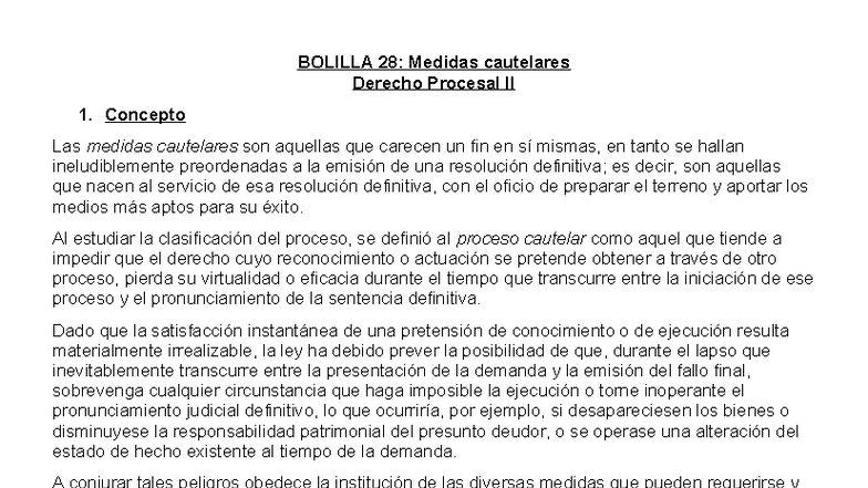 Medidas Cautelares en Derecho Procesal II: Conceptos y Clasificación - Studocu