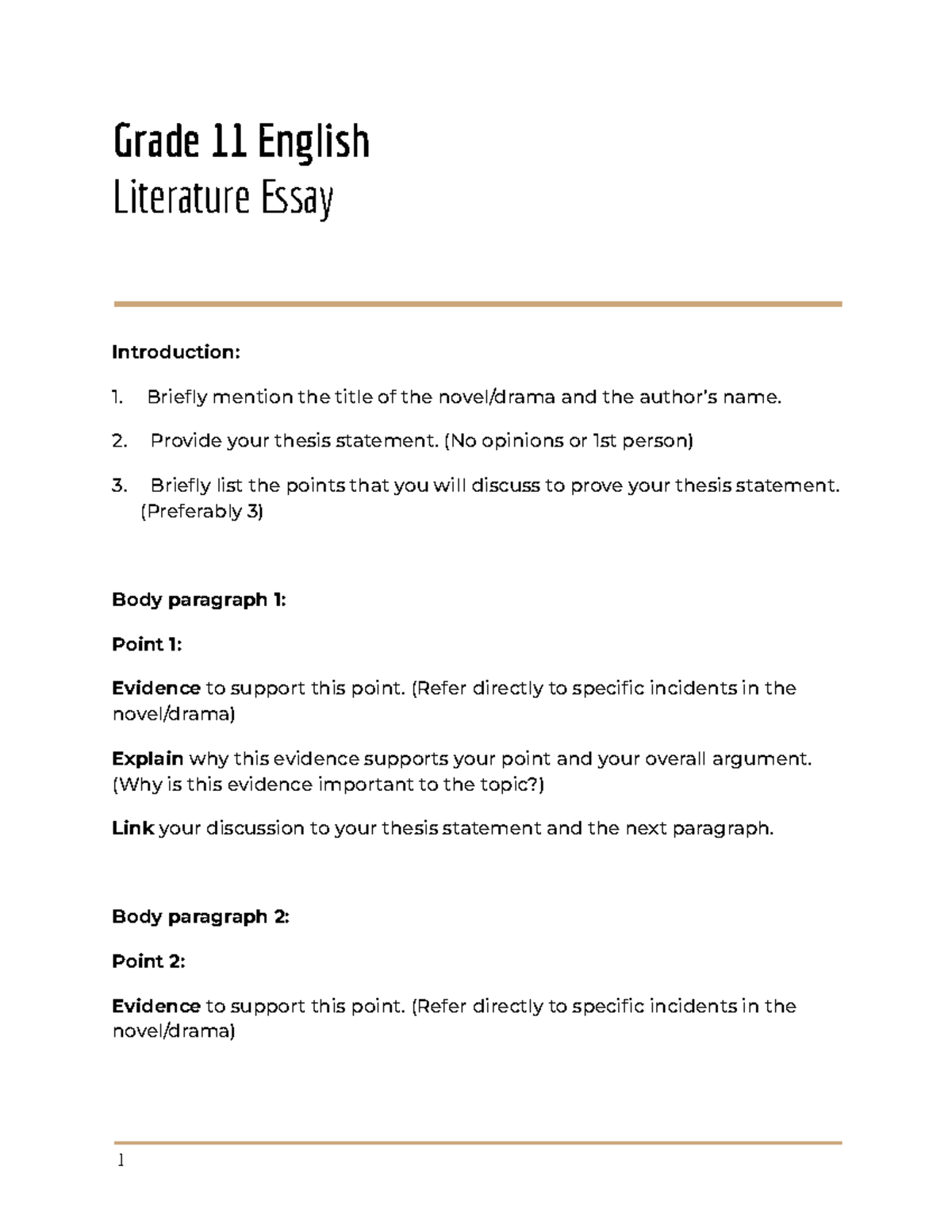 Grade 11 English Literature Essay: Intro & Body Structure - Studocu