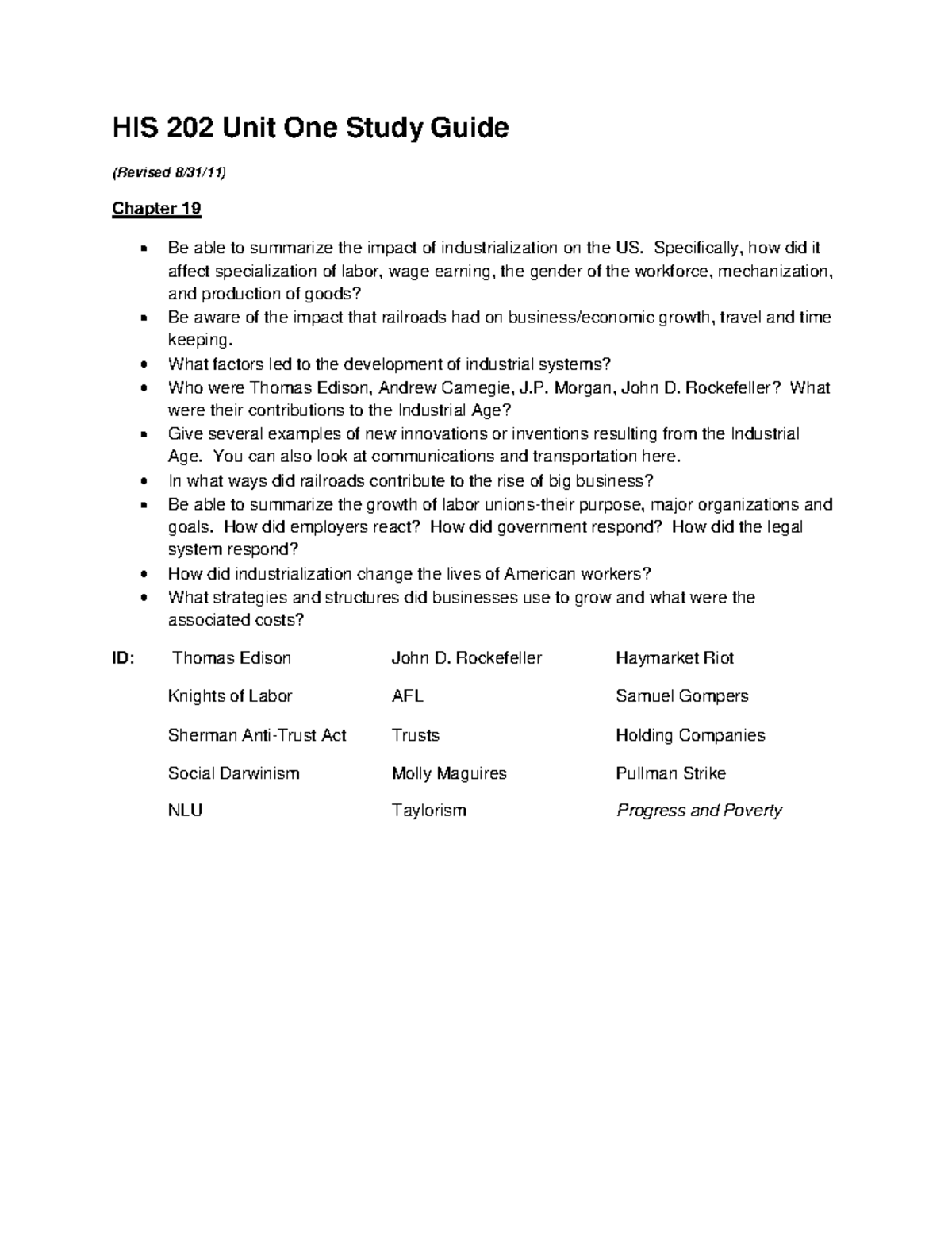 HIS 202 Unit One Study Guide: Impact of Industrialization in the US ...