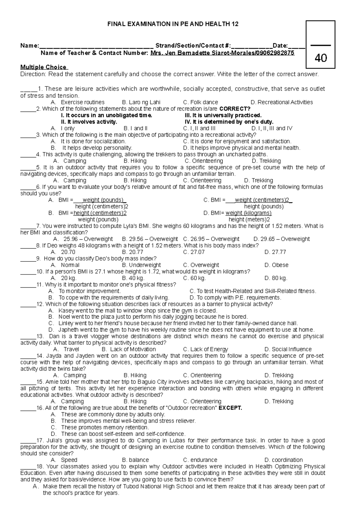 PEH12 Final Exam: Physical Education & Health 12 Assessment - Studocu